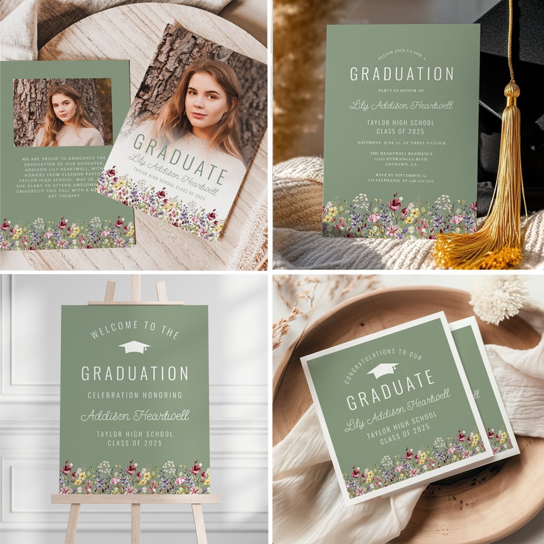 Boho Wildflower Pattern Sage Green Graduation Invitation | Zazzle