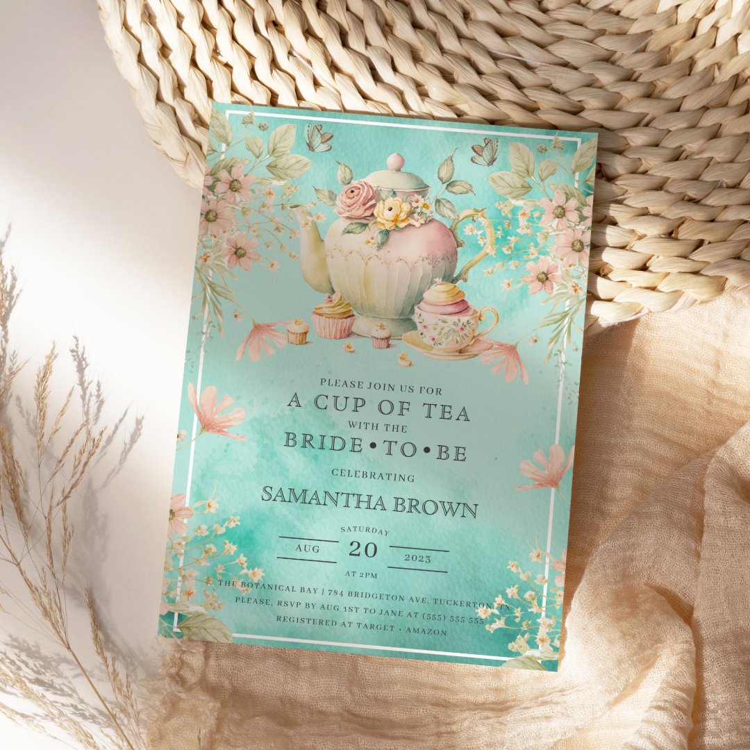 Wildflower Tea Party Teal Blue Bridal Shower Invitation | Zazzle