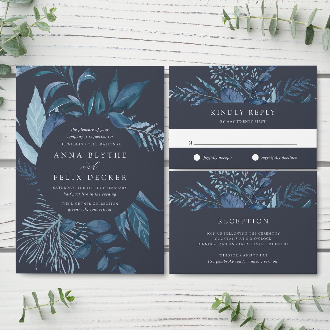 Winter Azure Blue Botanical Arch Wedding Foil Invitation | Zazzle