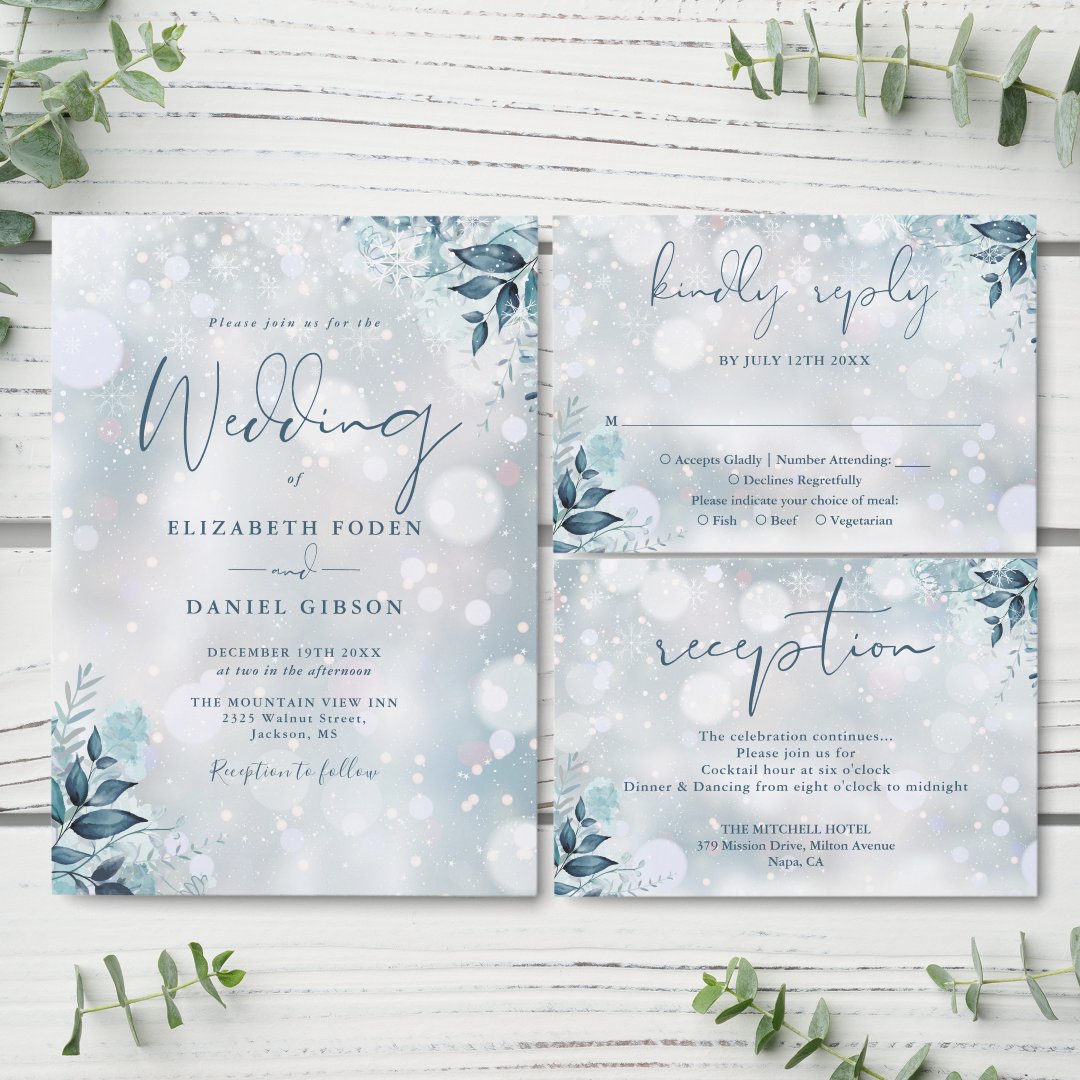 Elegant Winter Snowflakes Floral Wedding Invitation | Zazzle
