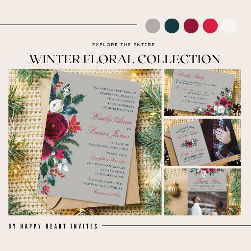 Winter Floral Holiday Christmas December Wedding Invitation | Zazzle