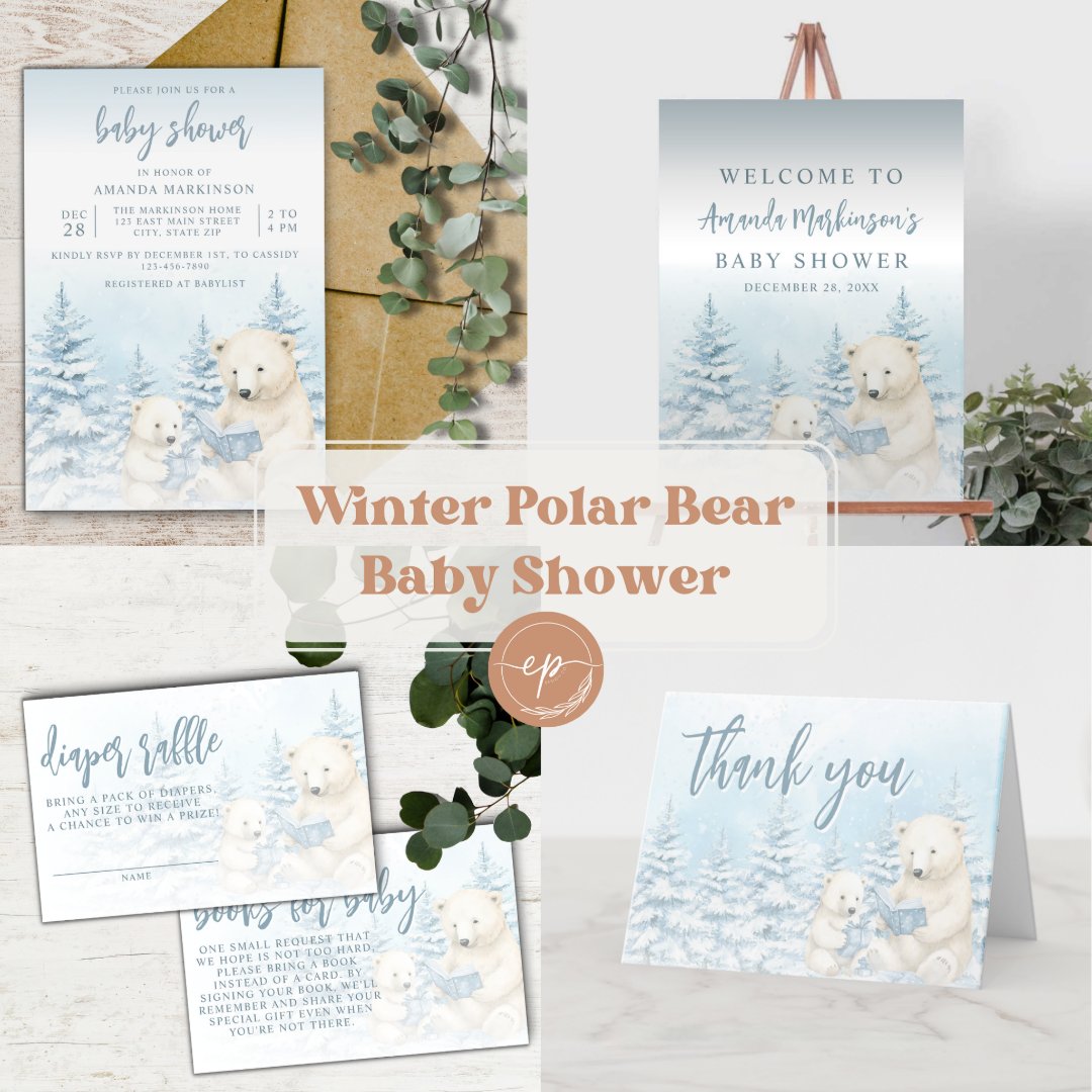 Blue Winter Polar Bear Watercolor Baby Shower Invitation | Zazzle