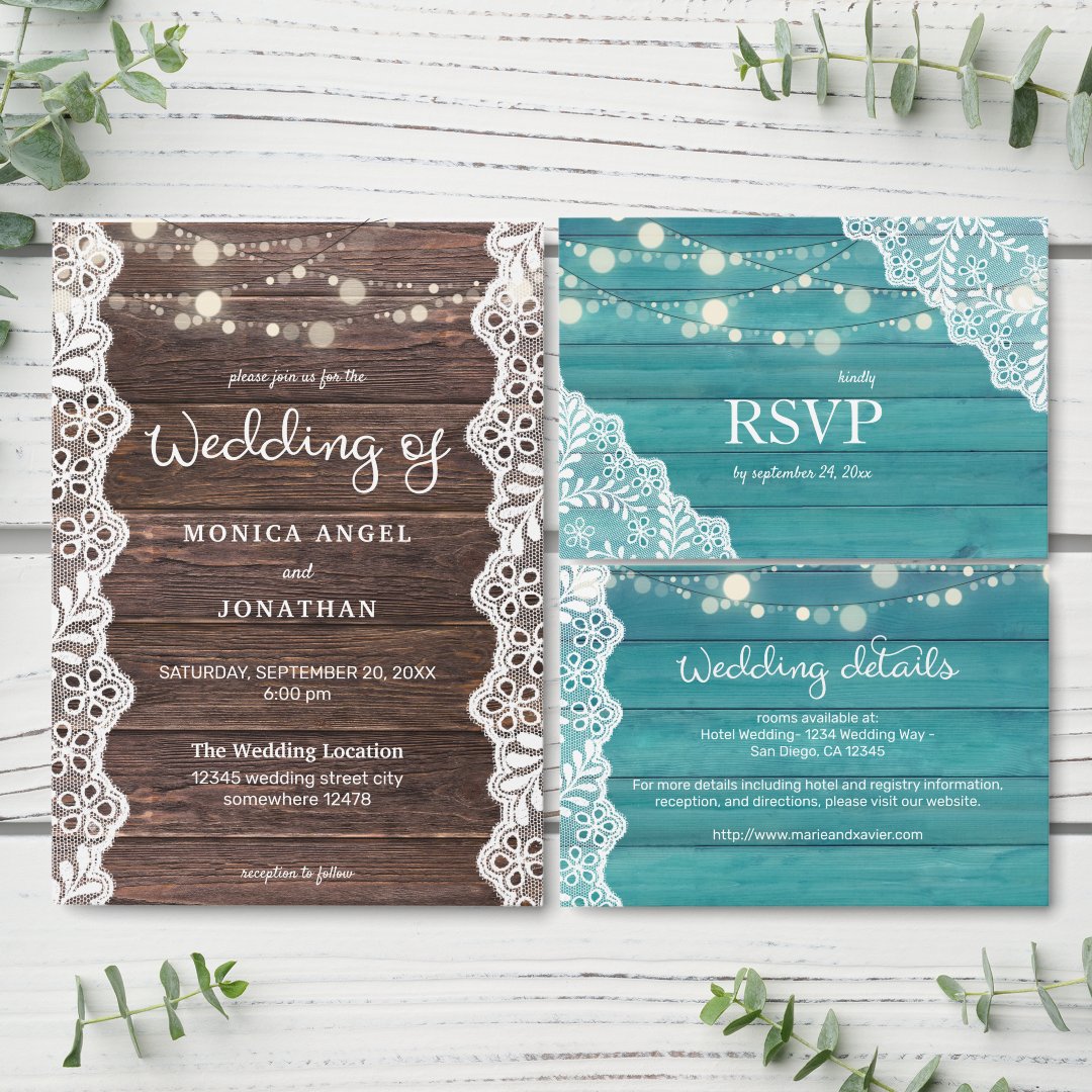 Budget Wood, String Lights, Lace Wedding Ceremony Flyer | Zazzle
