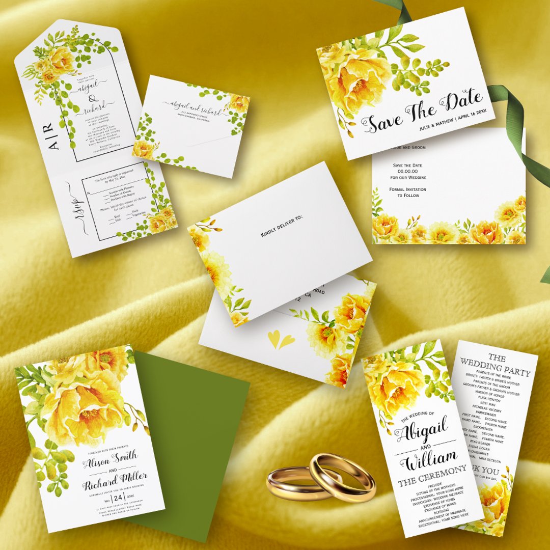 Yellow flowers and leaves floral boho wedding Tri-Fold invitation | Zazzle