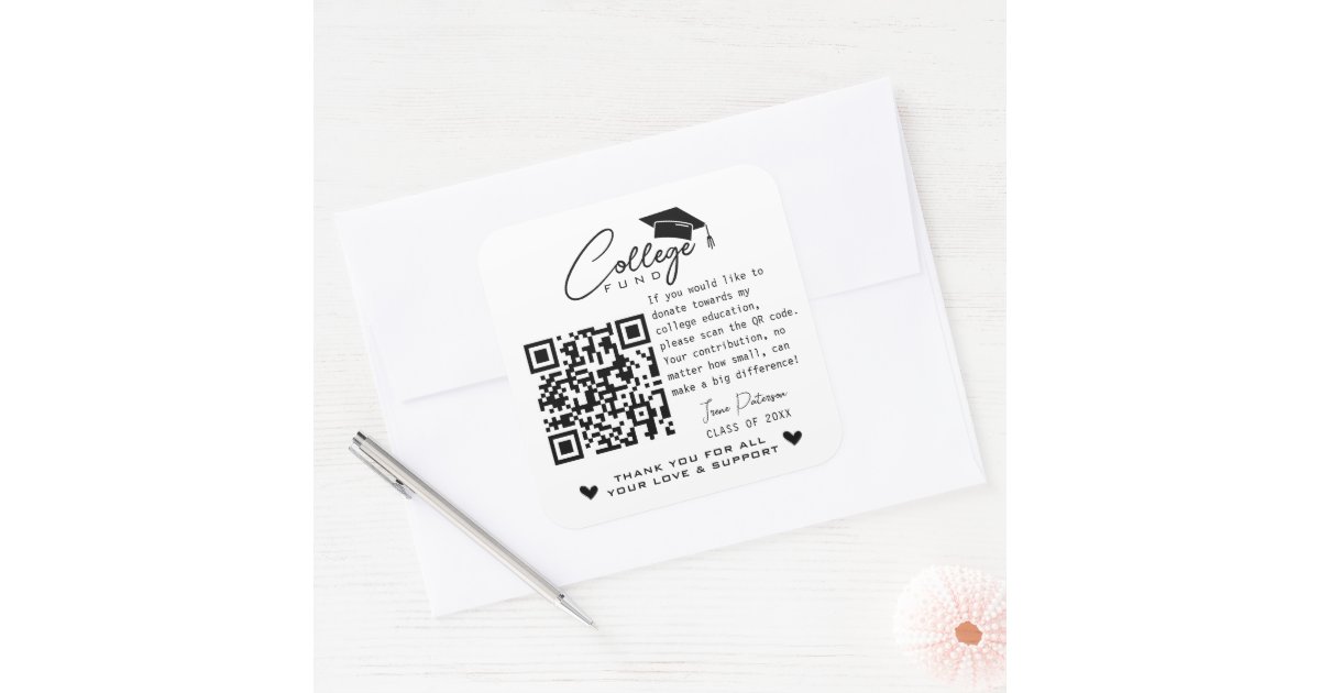 College Fund Qr Code Black White Graduation Modern Square Sticker | Zazzle