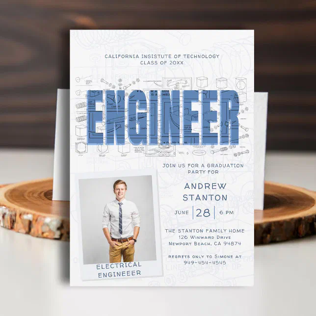 College Graduation Party Engineer Technology Blue Invitation | Zazzle