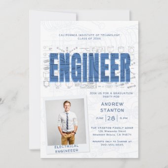 College Graduation Party Engineer Technology Blue Invitation | Zazzle