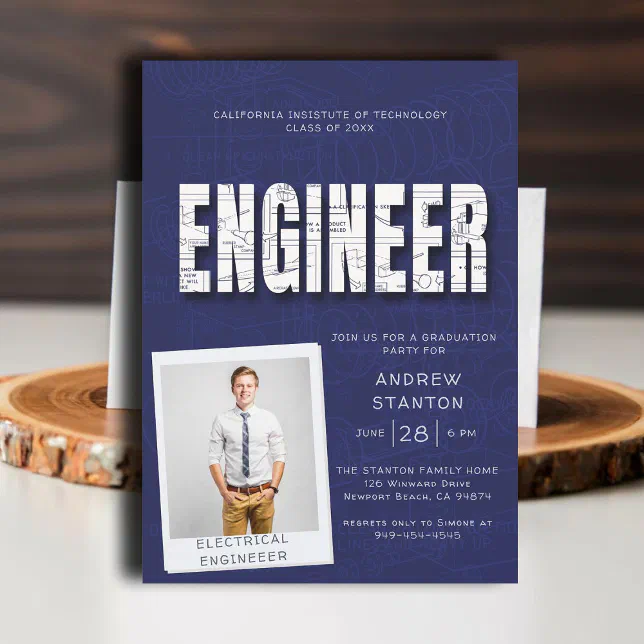 College Graduation Party Engineer Technology Navy Invitation | Zazzle