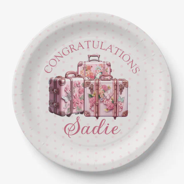 College Trunk Party Vintage Pink Congratulations Paper Plates | Zazzle