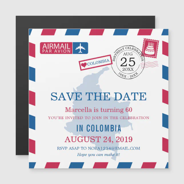 Colombia Airmail Birthday Celebration Magnetic Invitation | Zazzle