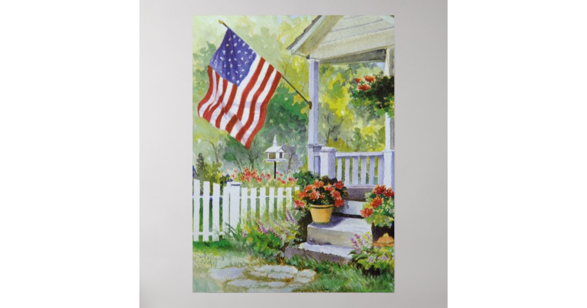 Colonial Country Home American Flag Front Porch Poster | Zazzle