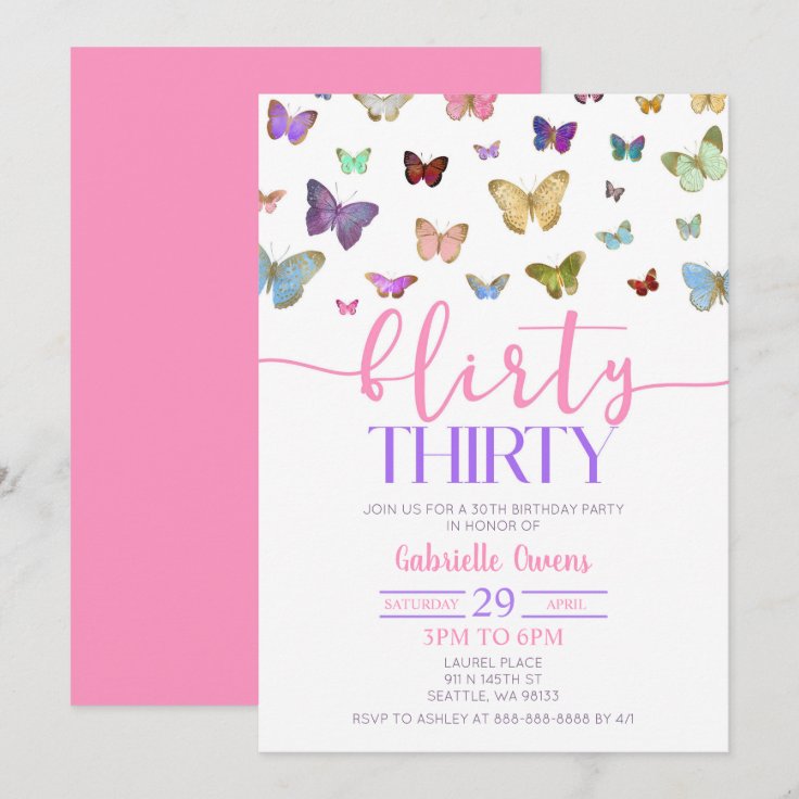 Color Butterfly Flirty Thirty 30th Birthday Party Invitation | Zazzle