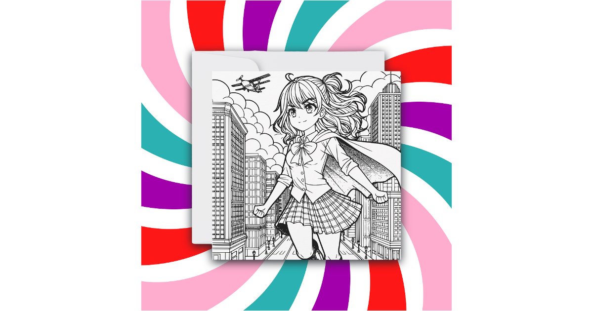 Color Me Page | Anime Superhero Girl Card | Zazzle