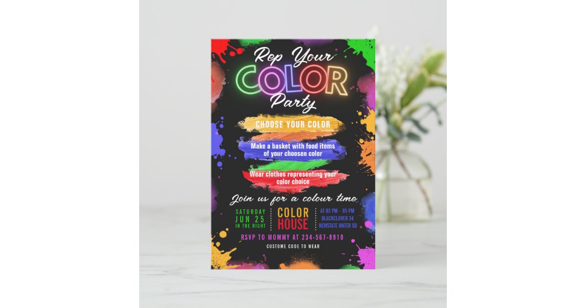 Color Party Black Invitation Editable Invitation | Zazzle