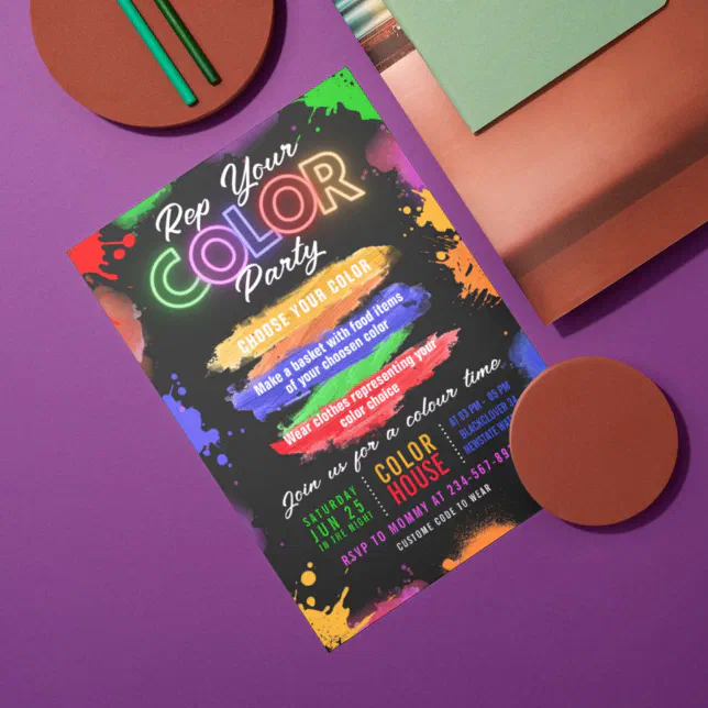 Color Party Black Invitation Editable Invitation | Zazzle