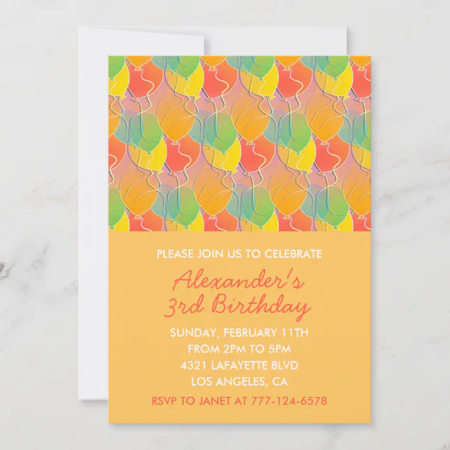 Color party invitations 3rd balloons modern kids | Zazzle