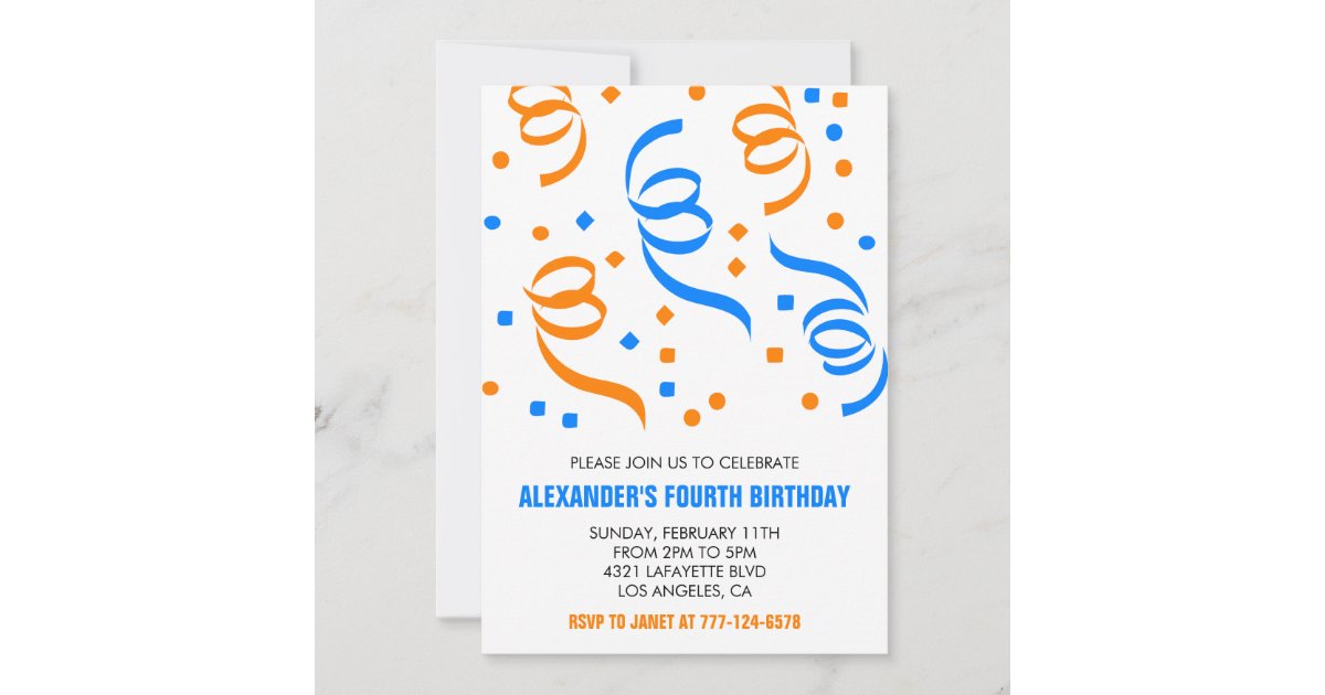Color party invitations Confetti orange blue 4th | Zazzle
