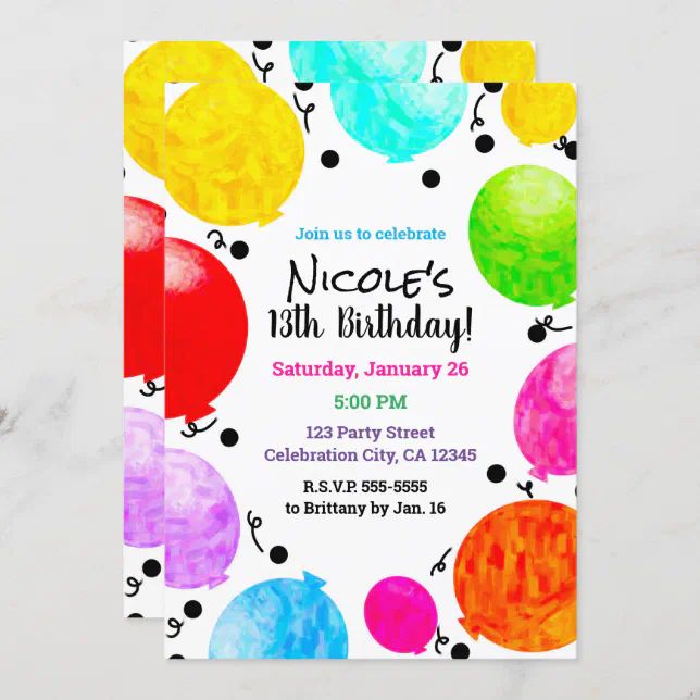 Color Pop Fun Party Balloons Birthday Celebration Invitation | Zazzle