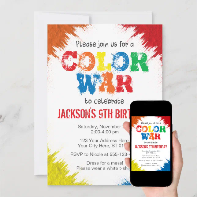 Color War Birthday Invitation | Color Run | Zazzle