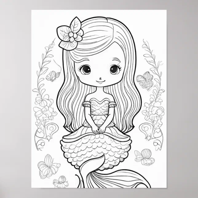 Color Your Own Mermaid Black Line Drawing Poster | Zazzle