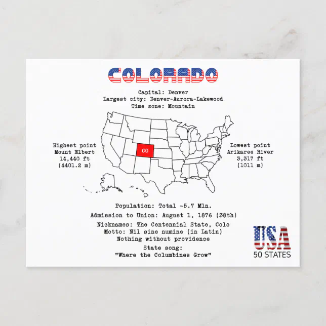 Colorado American state on a map and useful info Holiday Postcard | Zazzle