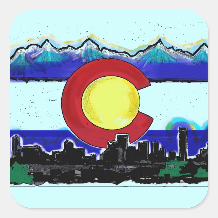 Colorado flag denver skyline artistic stickers | Zazzle