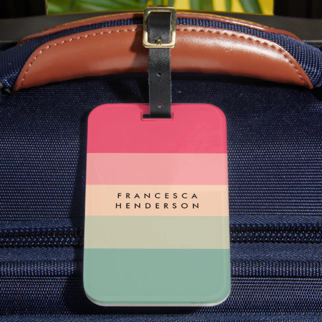 Colorblock Horizontal Stripe Pink & Green Monogram Luggage Tag | Zazzle