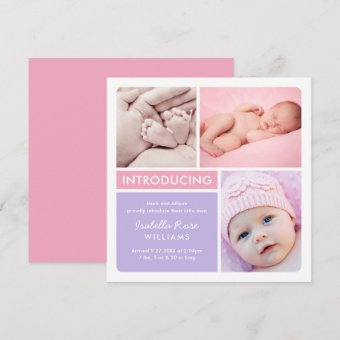 Colorblock Photo Collage Purple Baby Girl Birth Announcement | Zazzle