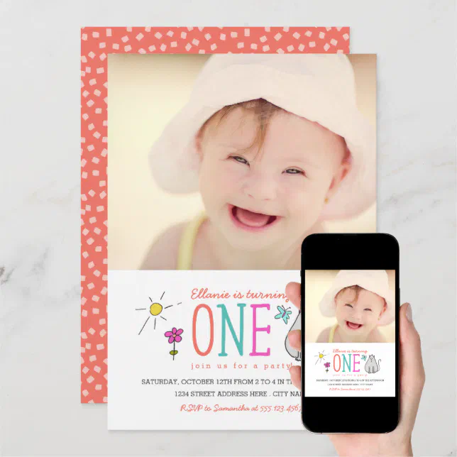 Colored Doodles 1st Birthday Party Invite | Kitty | Zazzle