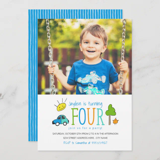 Colored Doodles 4th Birthday Party Invite / Car | Zazzle