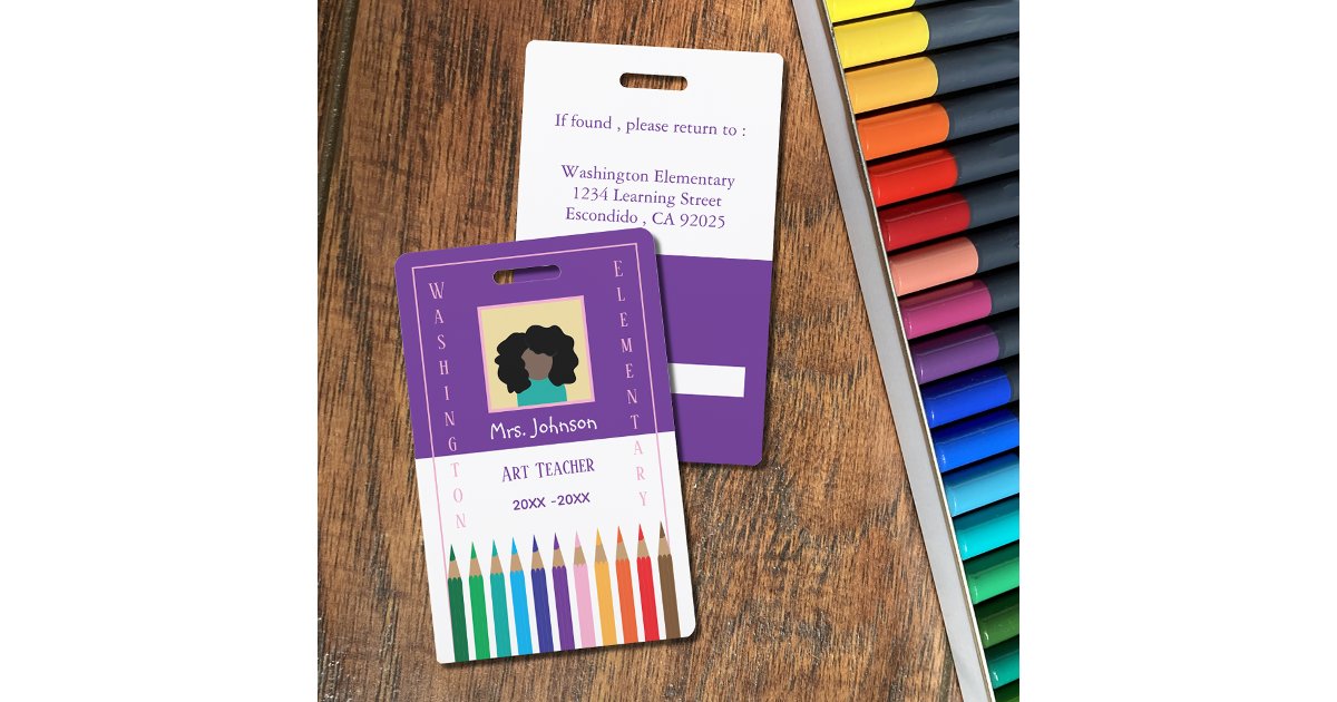 Colored Pencils Art Teacher Photo ID Badge | Zazzle