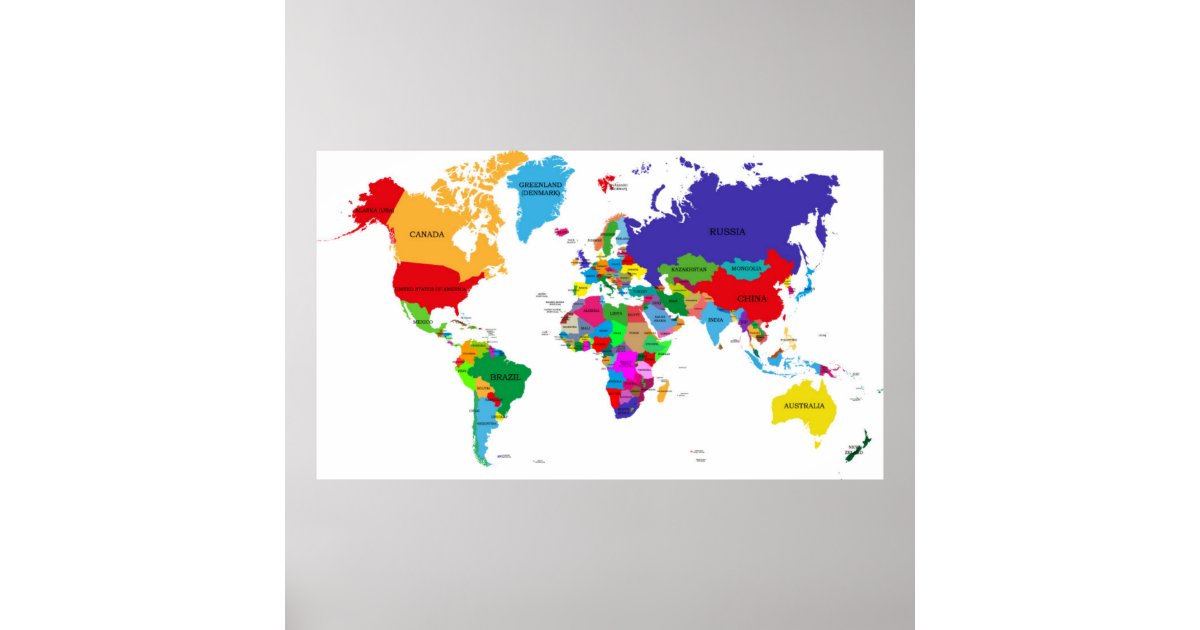 Colored Political World Map Poster | Zazzle