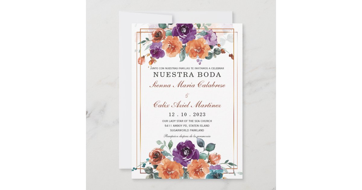 Colores de boda morado y naranja quemado invitation | Zazzle
