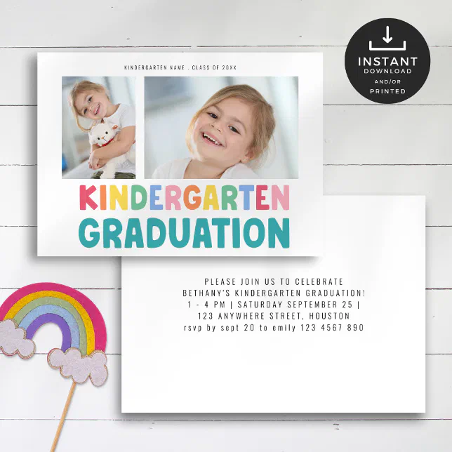 Colorful 2 Photo Kindergarten Graduation Party Invitation | Zazzle