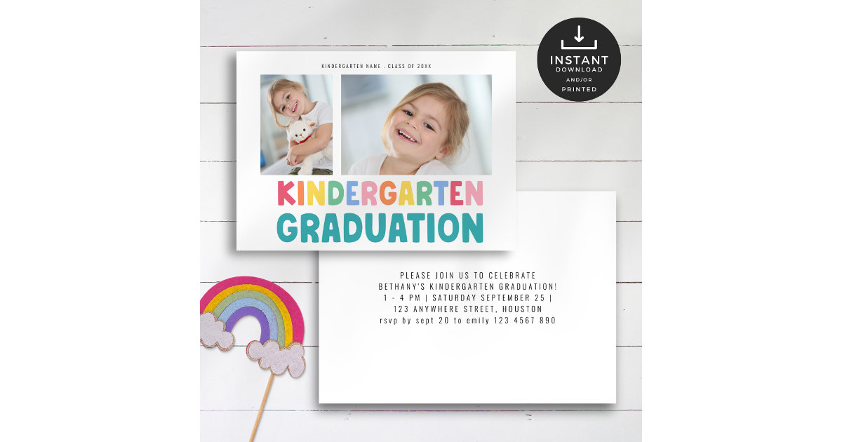 Colorful 2 Photo Kindergarten Graduation Party Invitation | Zazzle