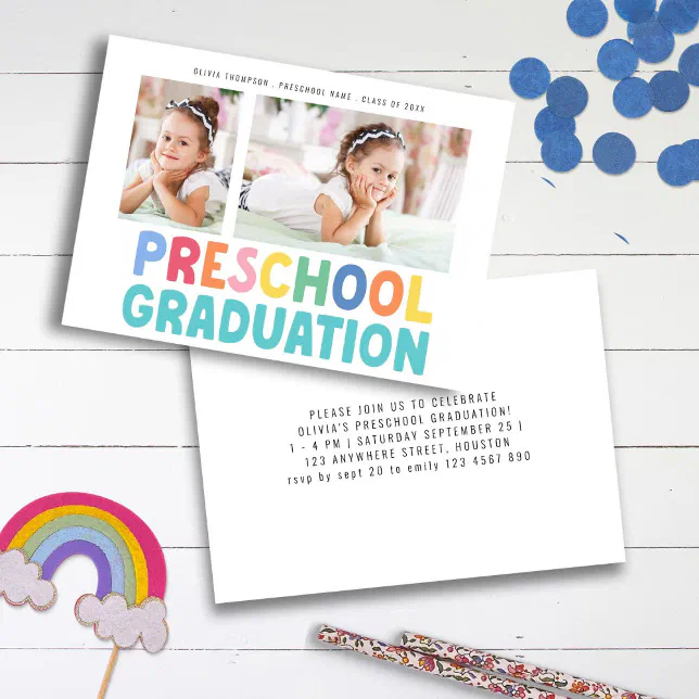 Colorful 2 Photo Preschool Graduation Party Invitation | Zazzle