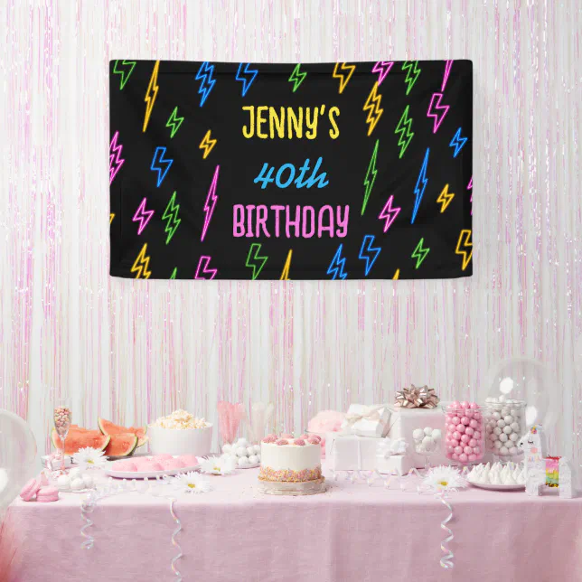 Colorful 80's Retro Neon Lightning Birthday Banner | Zazzle