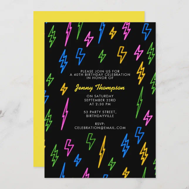 Colorful 80's Retro Neon Lightning Birthday Invitation | Zazzle