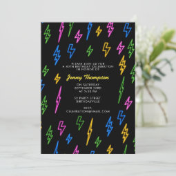 Colorful 80's Retro Neon Lightning Birthday Invitation | Zazzle