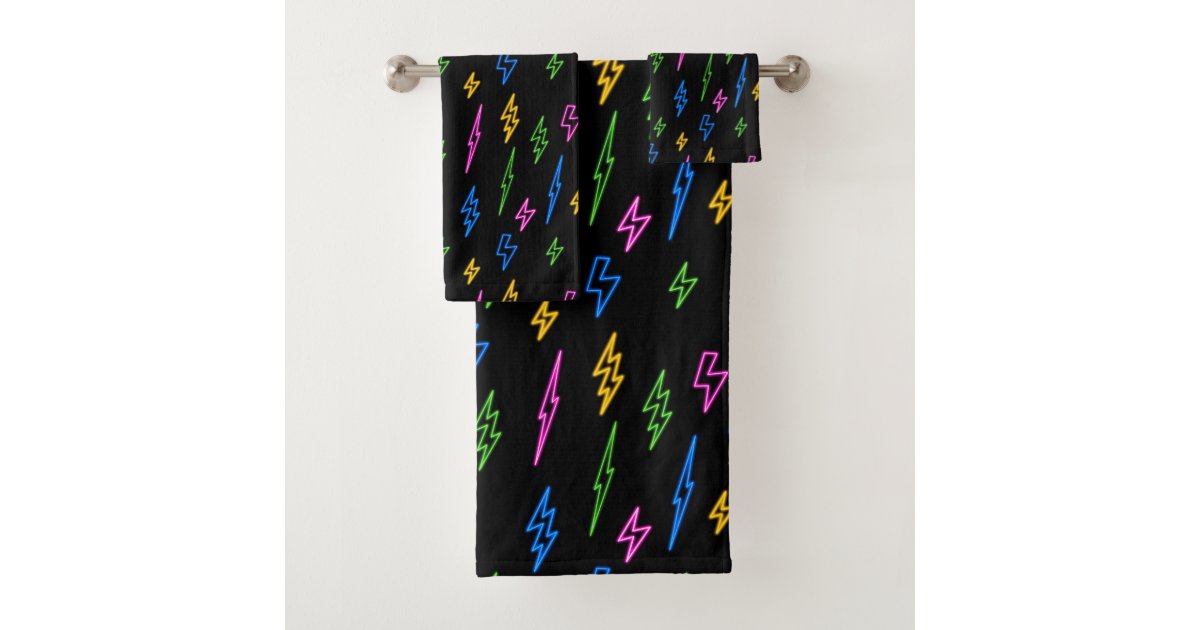 Colorful 80's Retro Neon Lightning Pattern Bath Towel Set | Zazzle