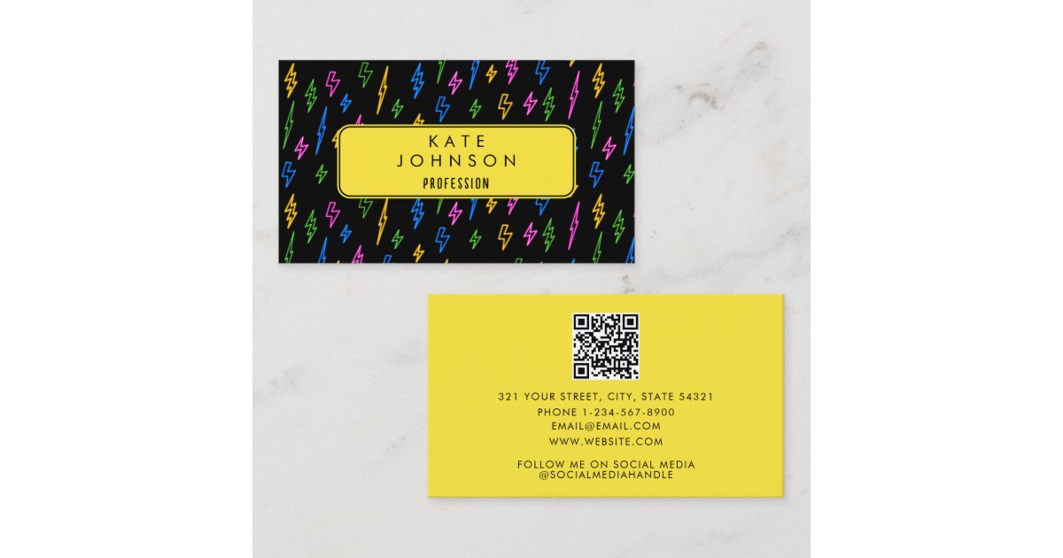 Colorful 80's Retro Neon Lightning QR Code Business Card | Zazzle