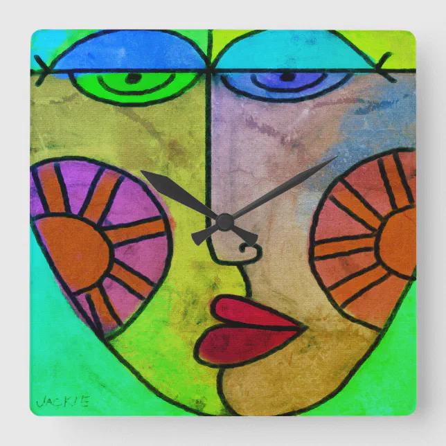Colorful Abstract Art Face Square Wall Clock | Zazzle