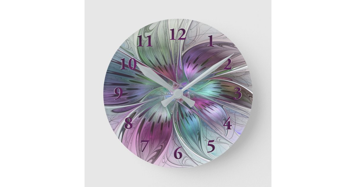 Colorful Abstract Flower Modern Floral Fractal Art Round Clock | Zazzle