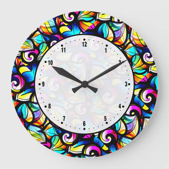 Colorful Abstract Swirls Stained Glass Look Large Clock | Zazzle