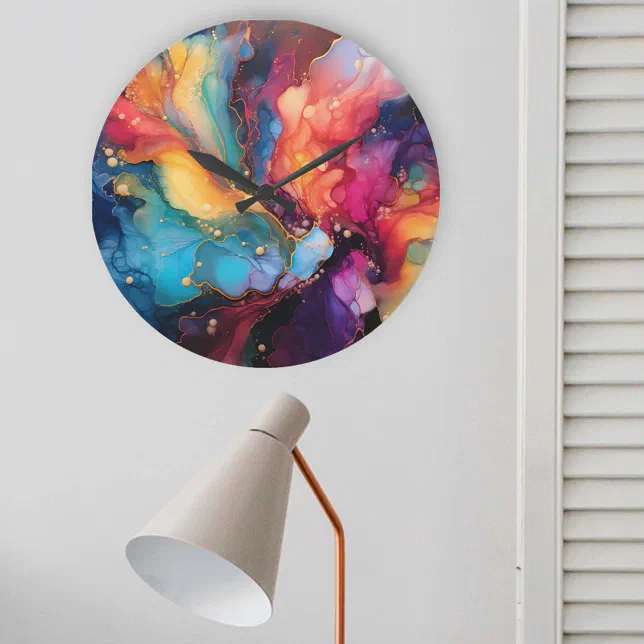 Colorful Alcohol Ink art Large Clock | Zazzle