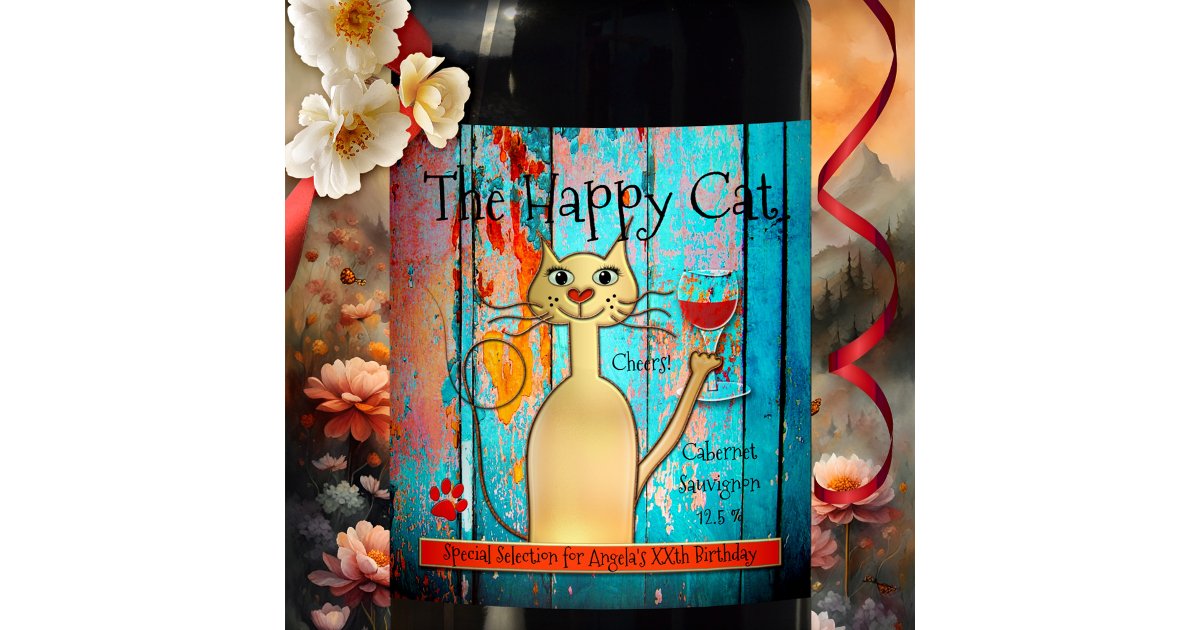 Colorful and Funny Happy Cat Custom Wine Label | Zazzle