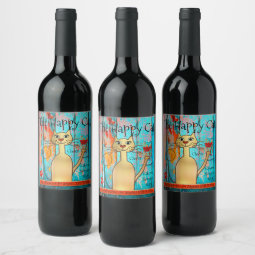 Colorful and Funny Happy Cat Custom Wine Label | Zazzle