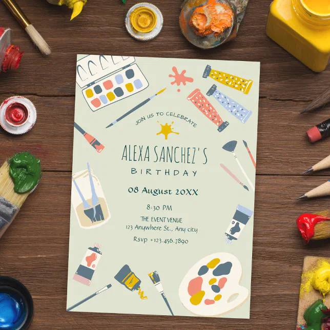 Colorful art paint brush birthday invitation | Zazzle