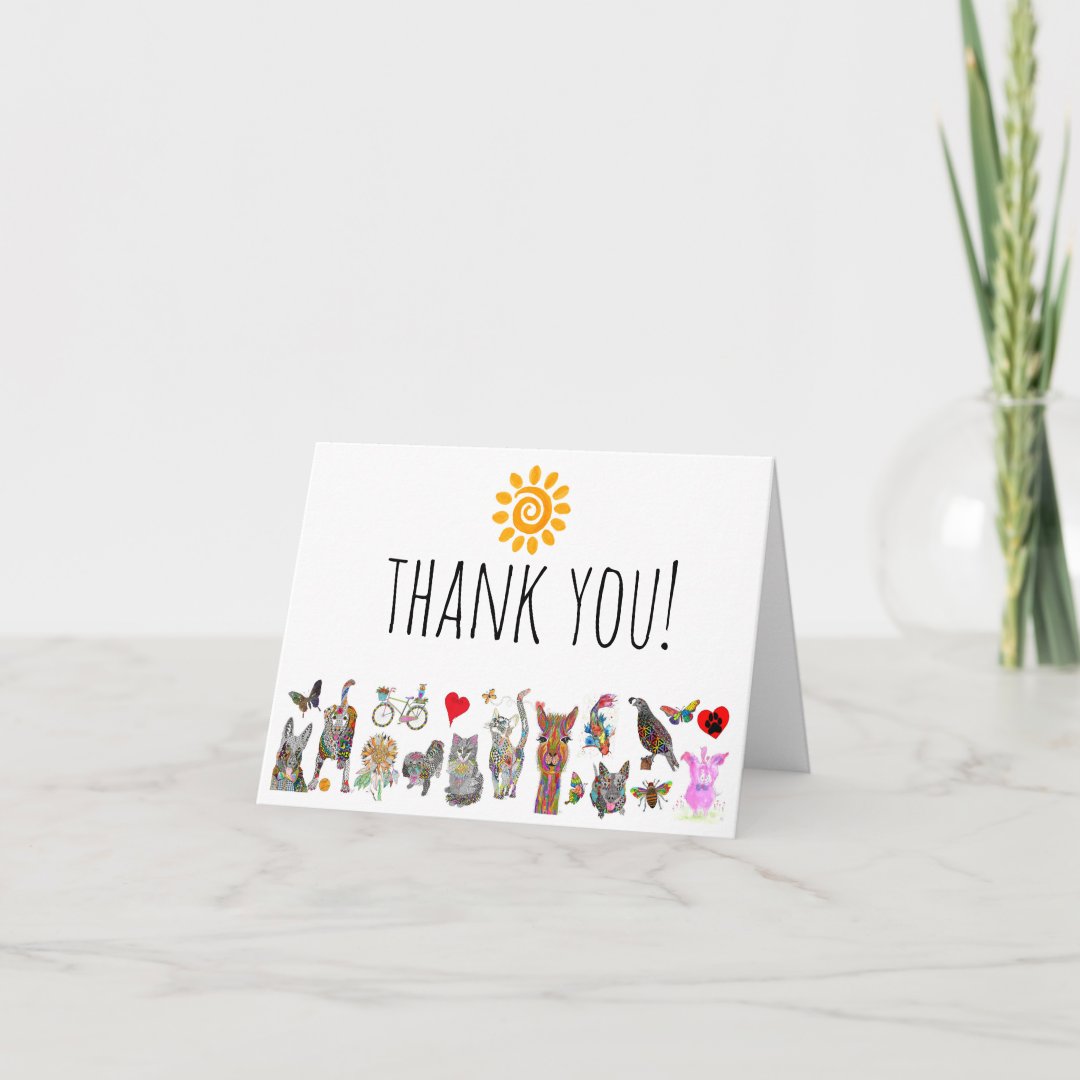 Colorful Assorted Animals Thank You Greeting Card | Zazzle