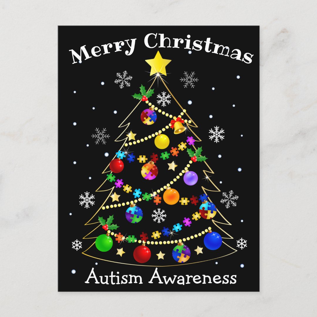 Colorful Autism Christmas Tree Holiday Postcard | Zazzle